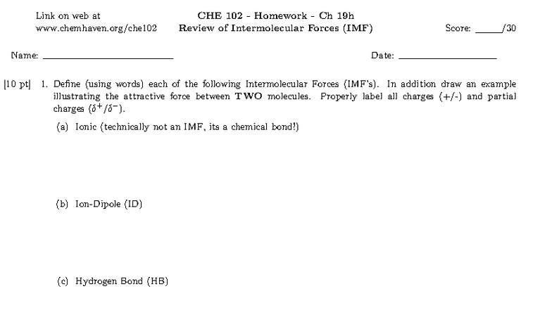 CHE 102 Homework Ch 19h: Review of Intermolecular Forces (IMF) - Studocu
