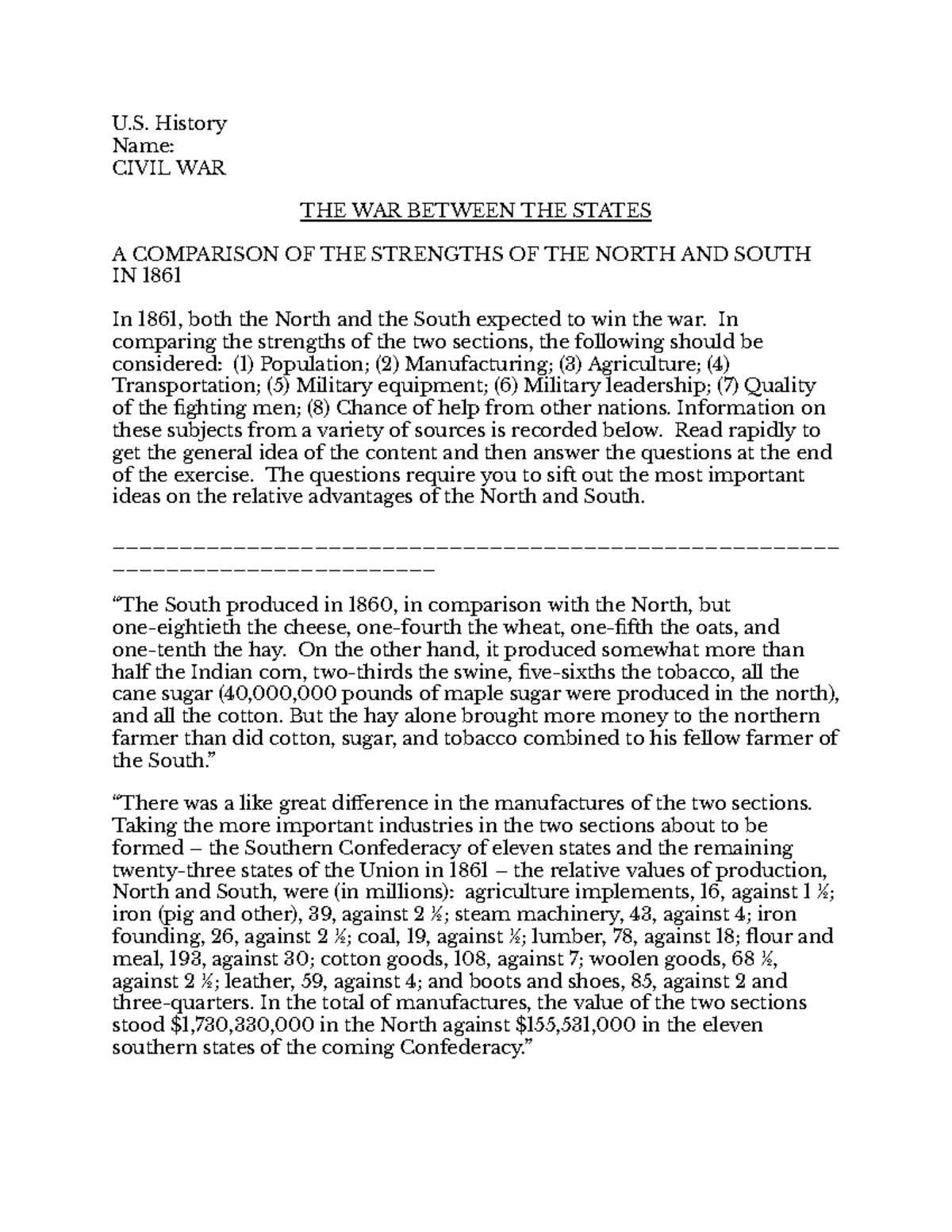 Civil War U.S. History Comparison Worksheet: North vs. South Strengths ...