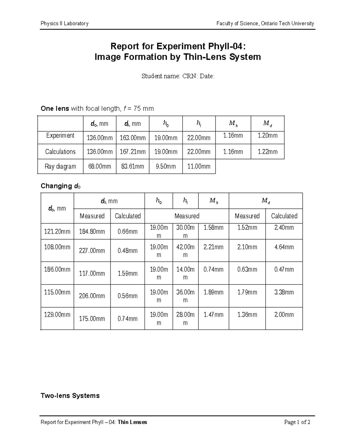 Lab Report #4: Image Formation with Thin Lenses - Physics II (FS) - Studocu
