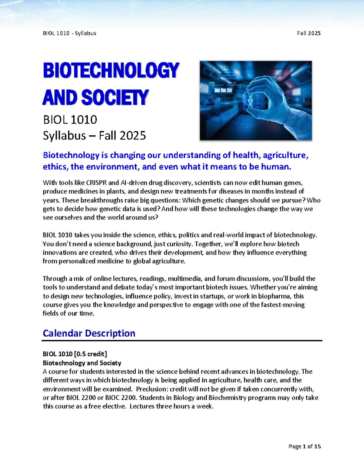 BIOL 1010 Syllabus Fall 2025: Exploring Biotechnology and Society - Studocu