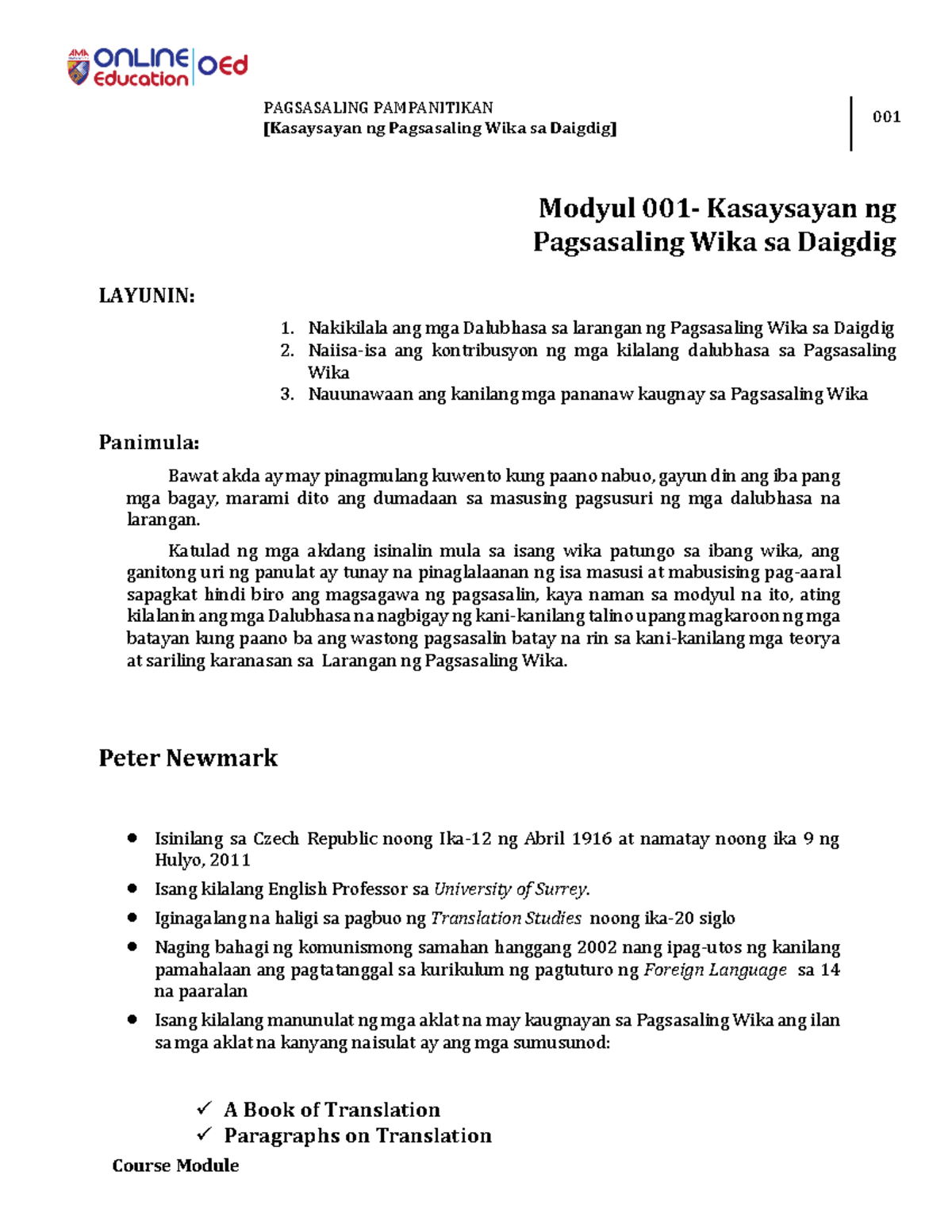 Modyul 001: Kasaysayan ng Pagsasaling Wika sa Daigdig - Studocu