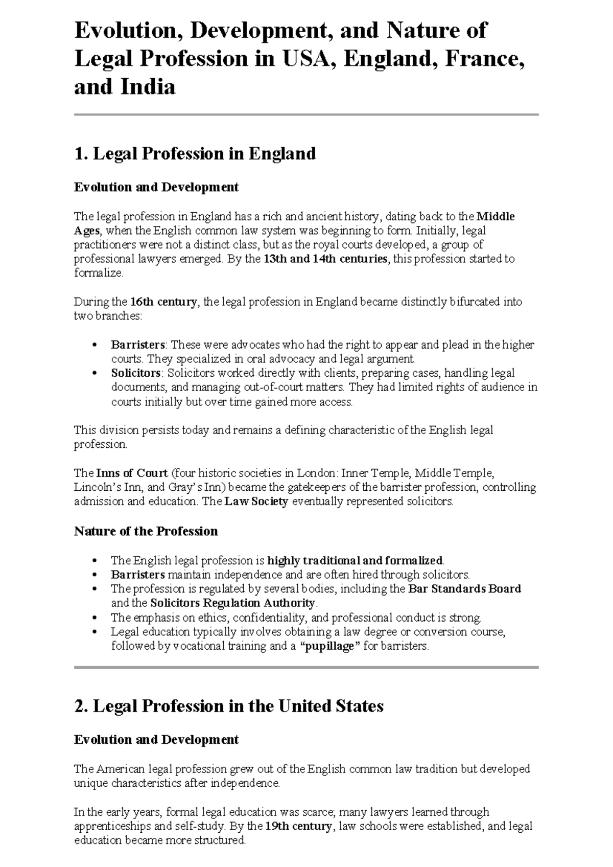 Legal Profession Evolution & Ethics: USA, England, France, India - Studocu
