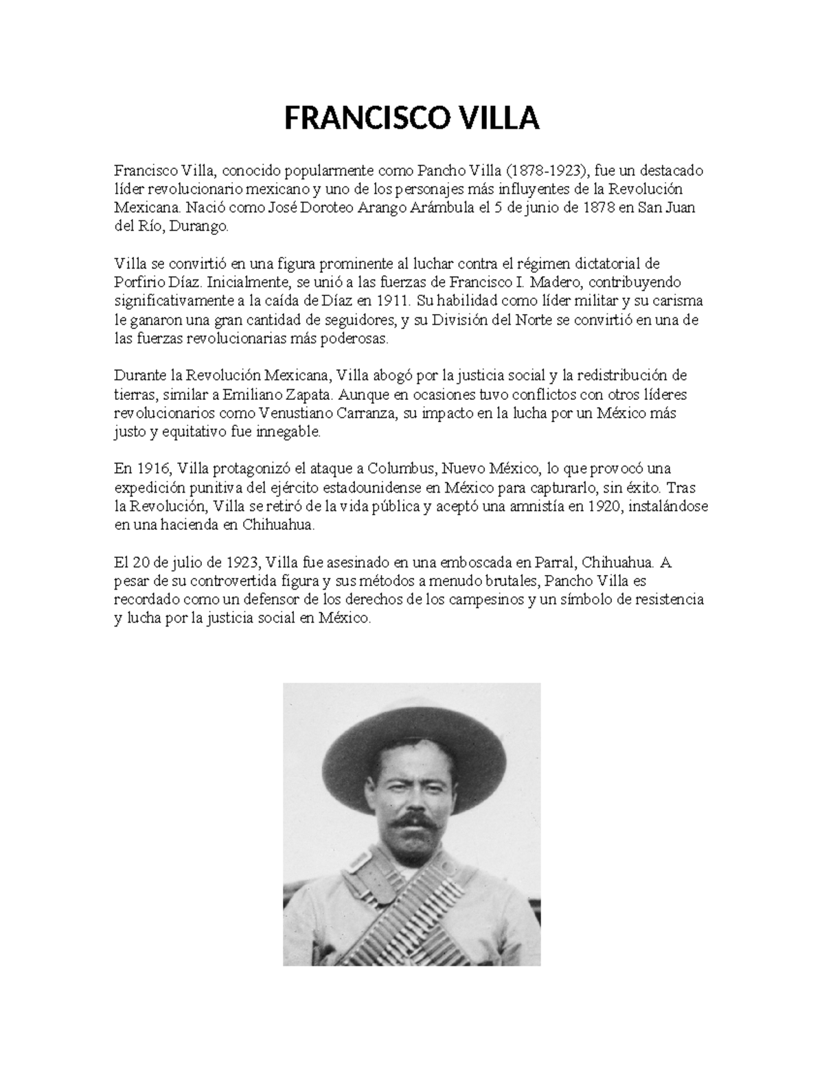 Biografía de Francisco Villa: Líder Revolucionario Mexicano - Studocu