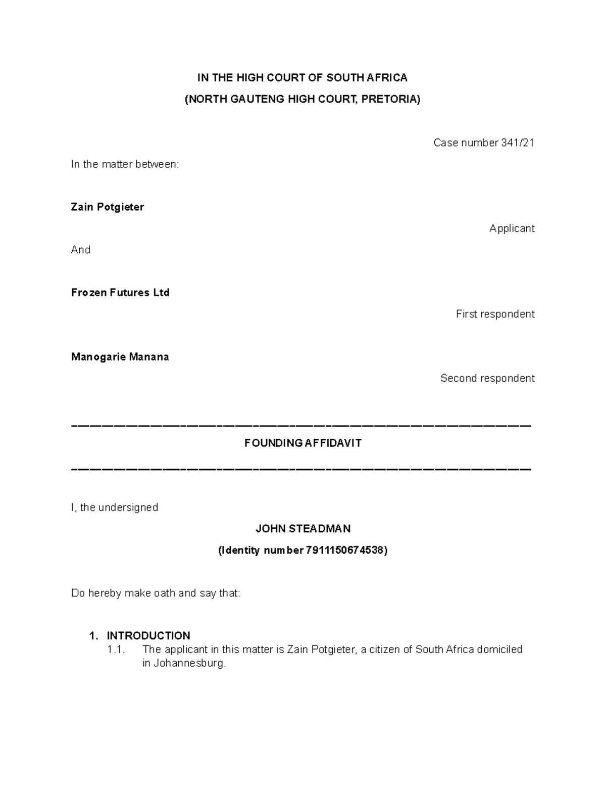Founding Affidavit Example - Case No: 567/ - High Court SA - Studocu