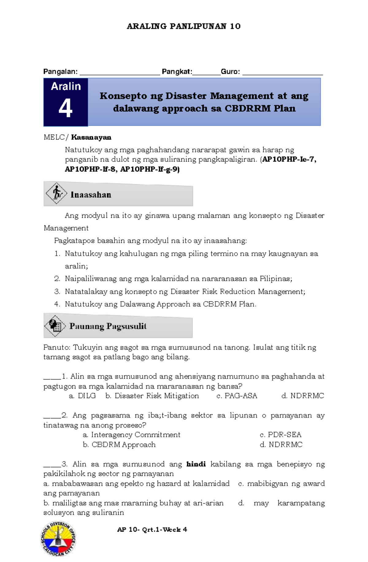 AP 10 Aralin 4: Konsepto ng Disaster Management at CBDRRM Plan - Studocu