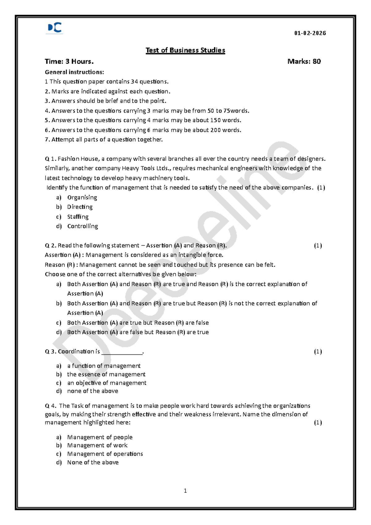 Business Studies Test (BS101) - Full Syllabus (02-02-2026) - Studocu