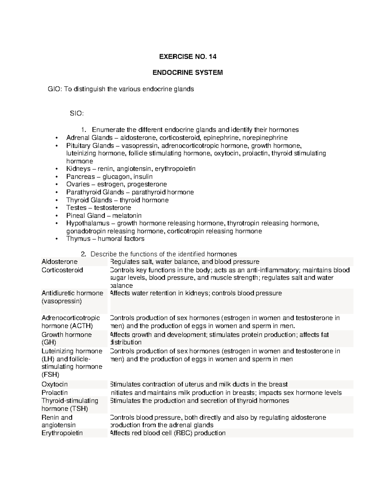 WEEK 16 LAB Exercise Endocrine System - EXERCISE NO. 14 ENDOCRINE SYSTEM GIO: To distinguish the ...