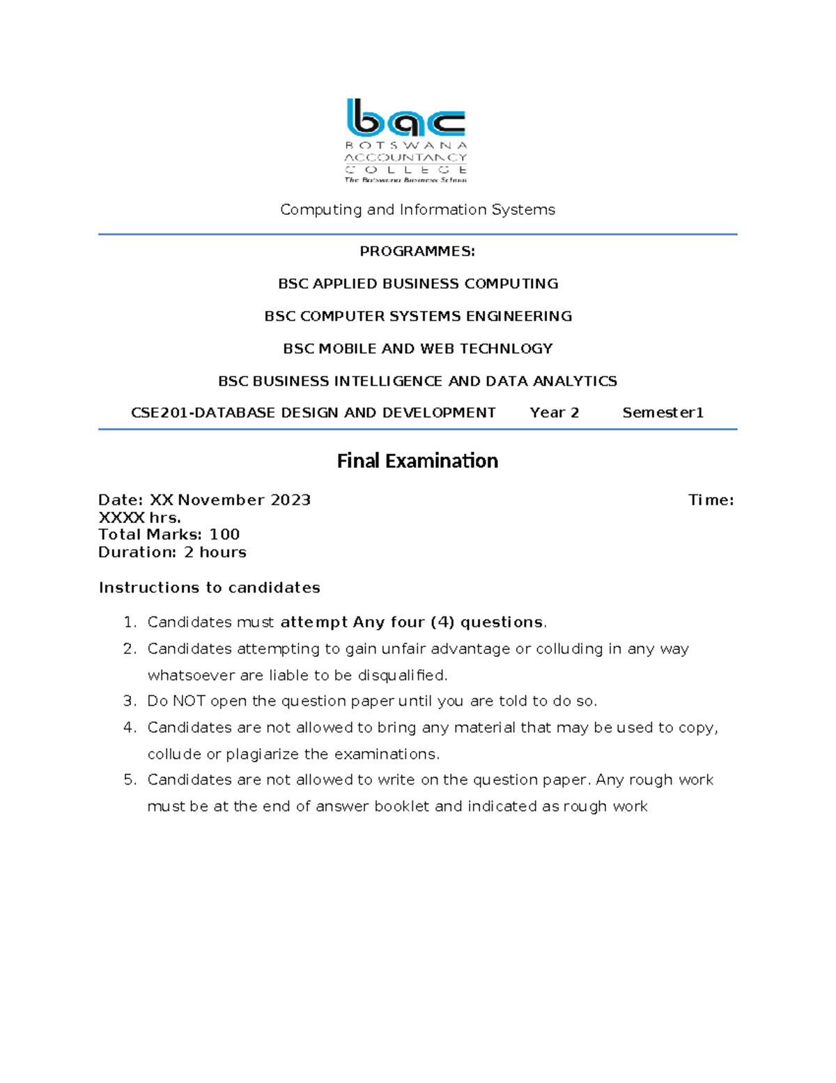 BSC Computing & Info Systems Year 2 Sem 1 Final Exam 2023 - Studocu