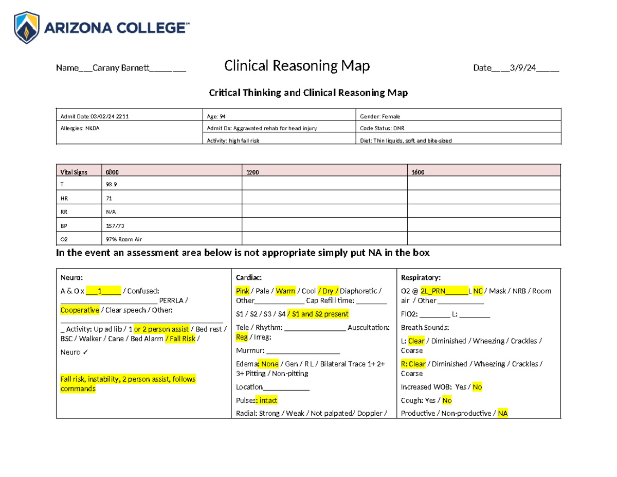 Critical Thinking Map #1: Med Surg Nursing Assessment & Interventions ...