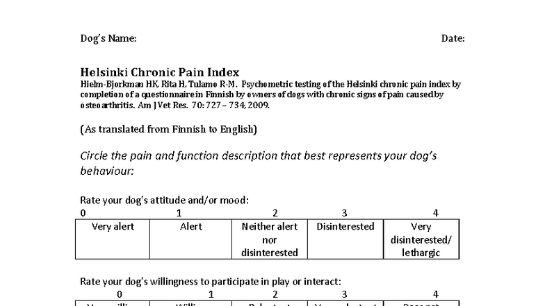 Helsinki Chronic Pain Index HK: Psychometric Testing in Dogs - Studocu