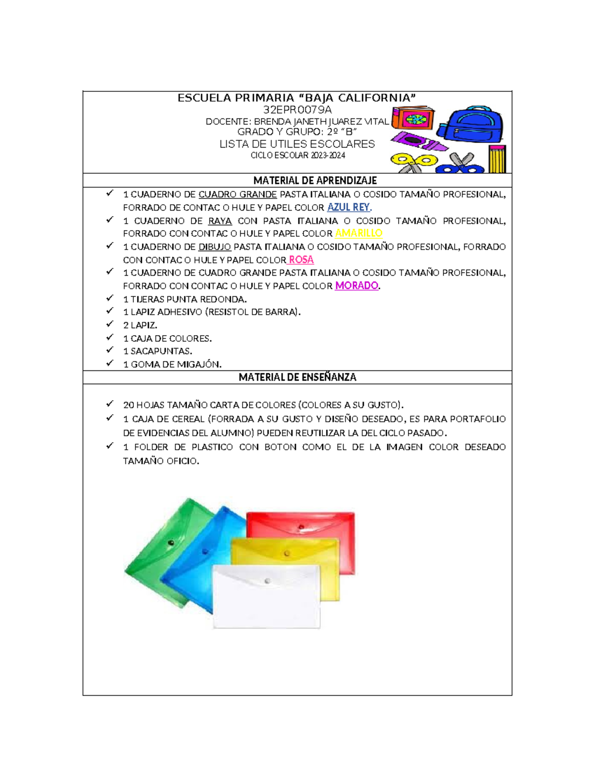 Lista de Útiles Escolares 2º Grado - Brenda Janeth Juárez - Studocu