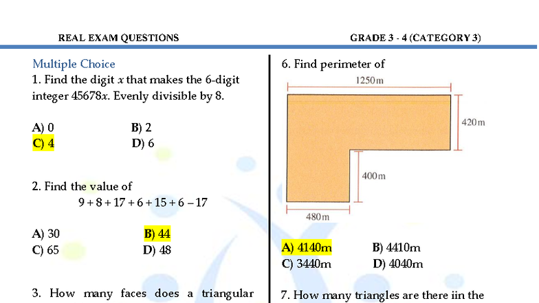 GRADE 3 MATH REAL EXAM QUESTIONS & ANSWERS - Studocu