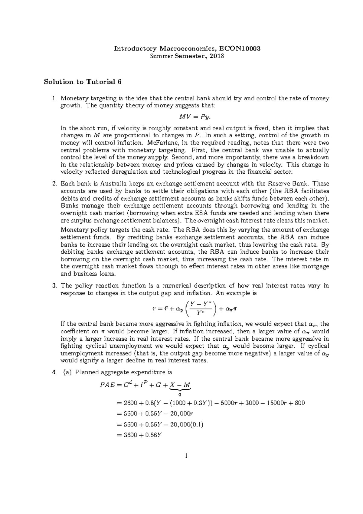 T6 Pretutorial soln - ECON10003 INTRODUCTION TO MACROECONOMICS SUMMER ...