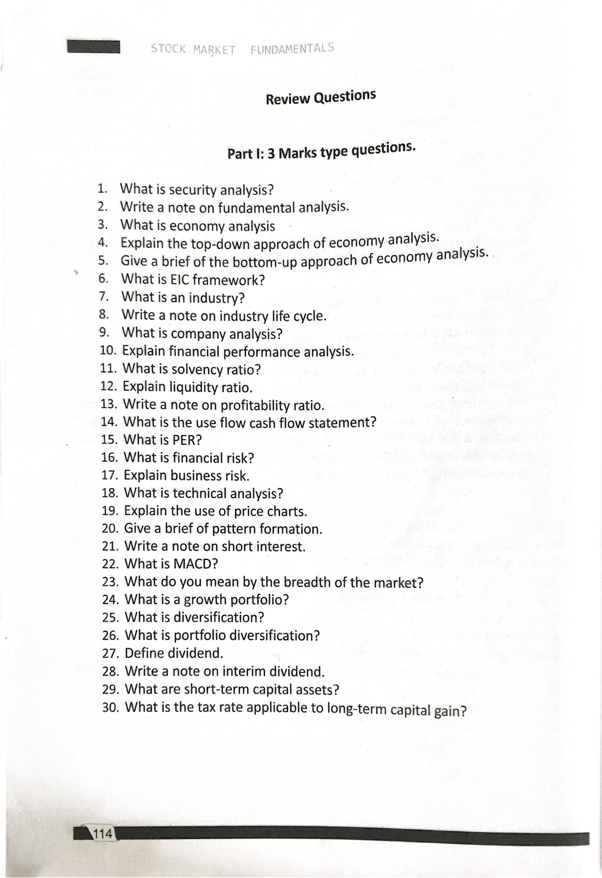 STOCK MARKET FUNDAMENTALS Review Questions: Part I (3 Marks) - Studocu