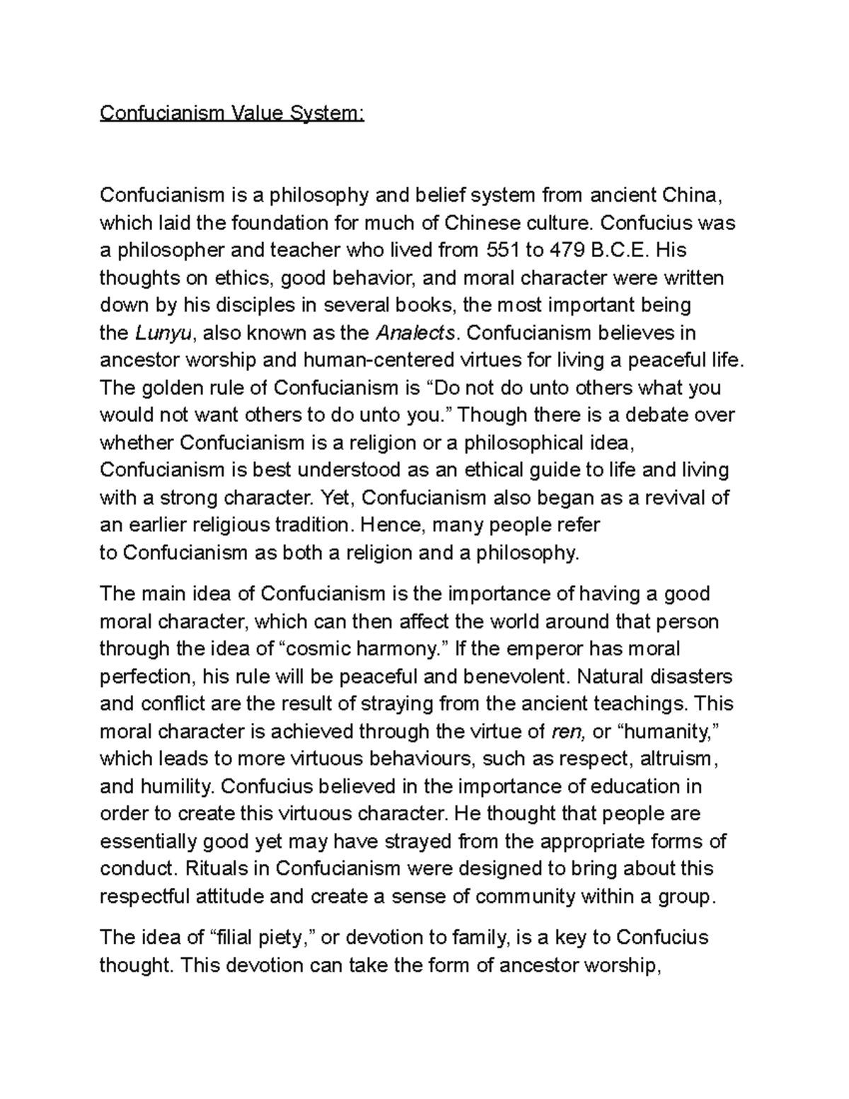 Confucianism Value System: Ethics, Morality, and Social Harmony - Studocu