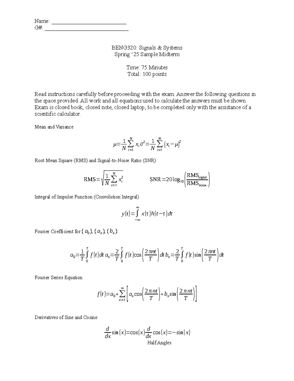 BENG320: Signals & Systems Spring '25 Sample Midterm Exam Guide - Studocu