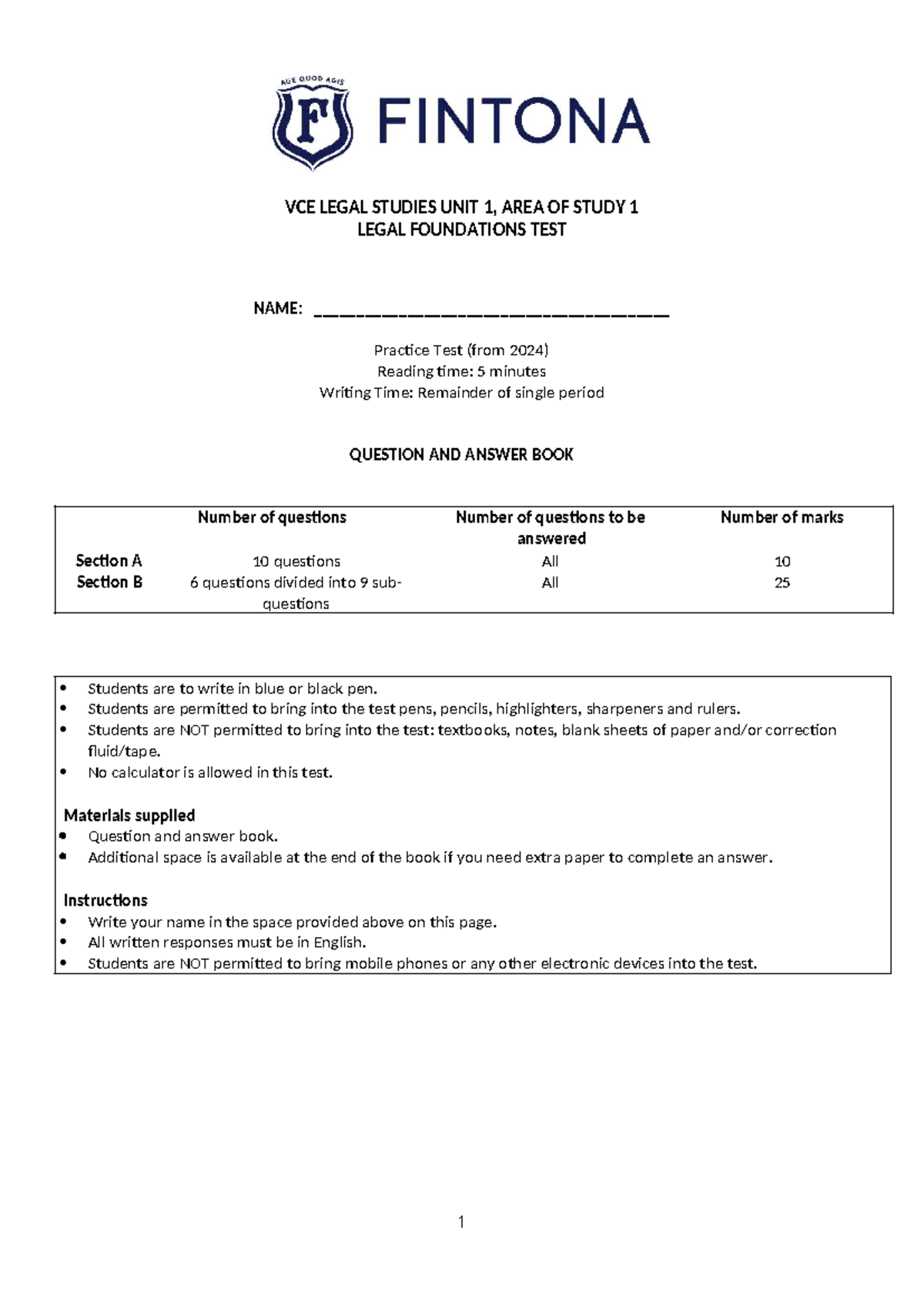 VCE LEGAL STUDIES UNIT 1: Legal Foundations Practice Test 2024 - Studocu