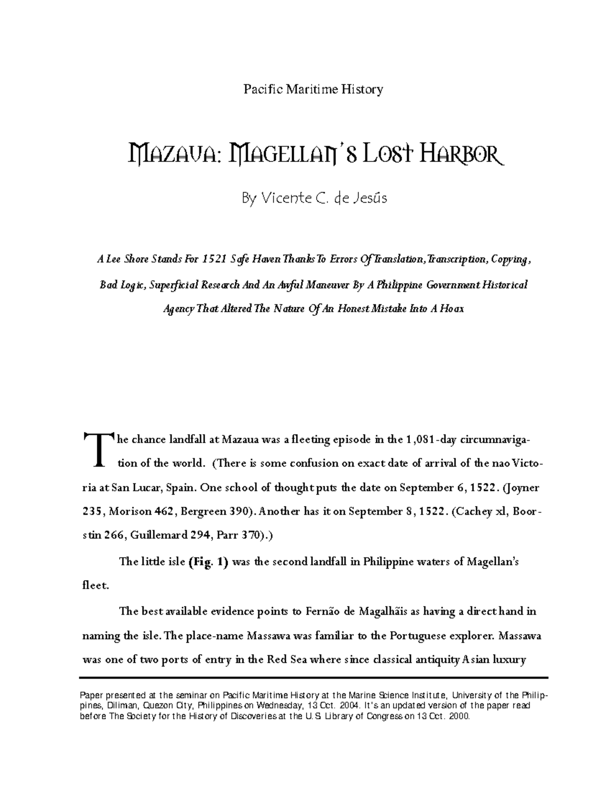 Mazaua: Magellan's Lost Harbor - A Study on 1521's Safe Haven - Studocu