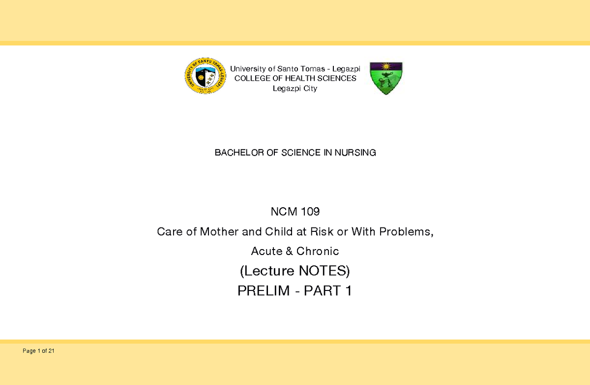 NCM 109 Prelim Lecture Notes: Mother and Child Care Part 1 - Studocu