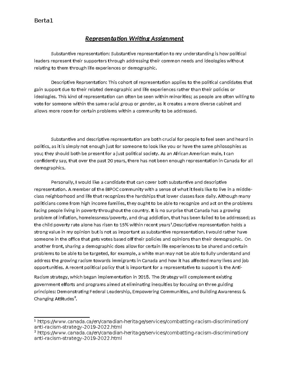 Berta1 Representation Writing Assignment: Substantive vs. Descriptive ...