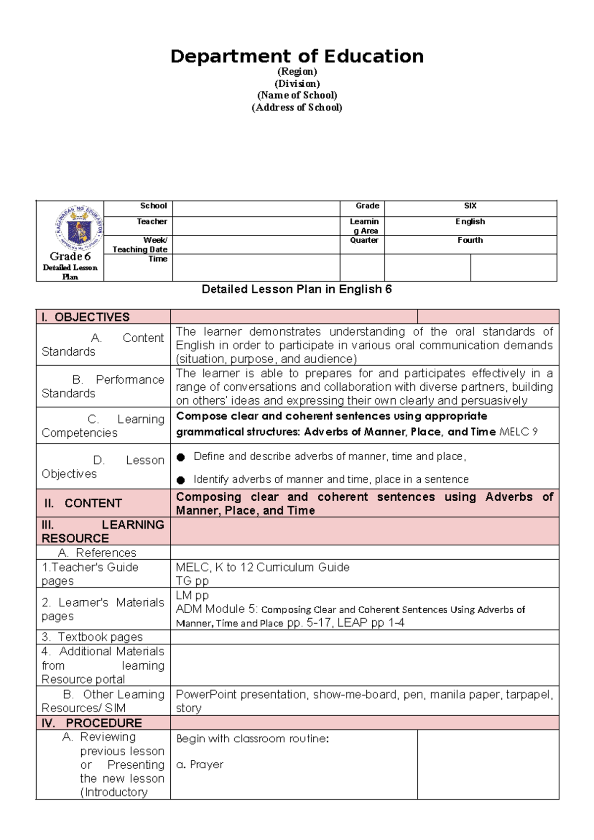 COT English 6 Detailed Lesson Plan: Adverbs of Manner, Time & Place ...