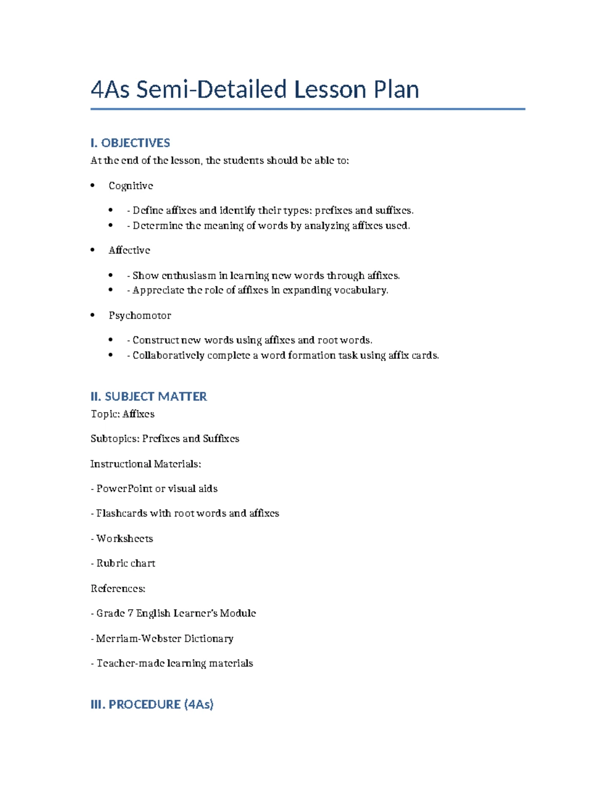 4As Lesson Plan: Types of Affixes for Grade 7 English - Studocu