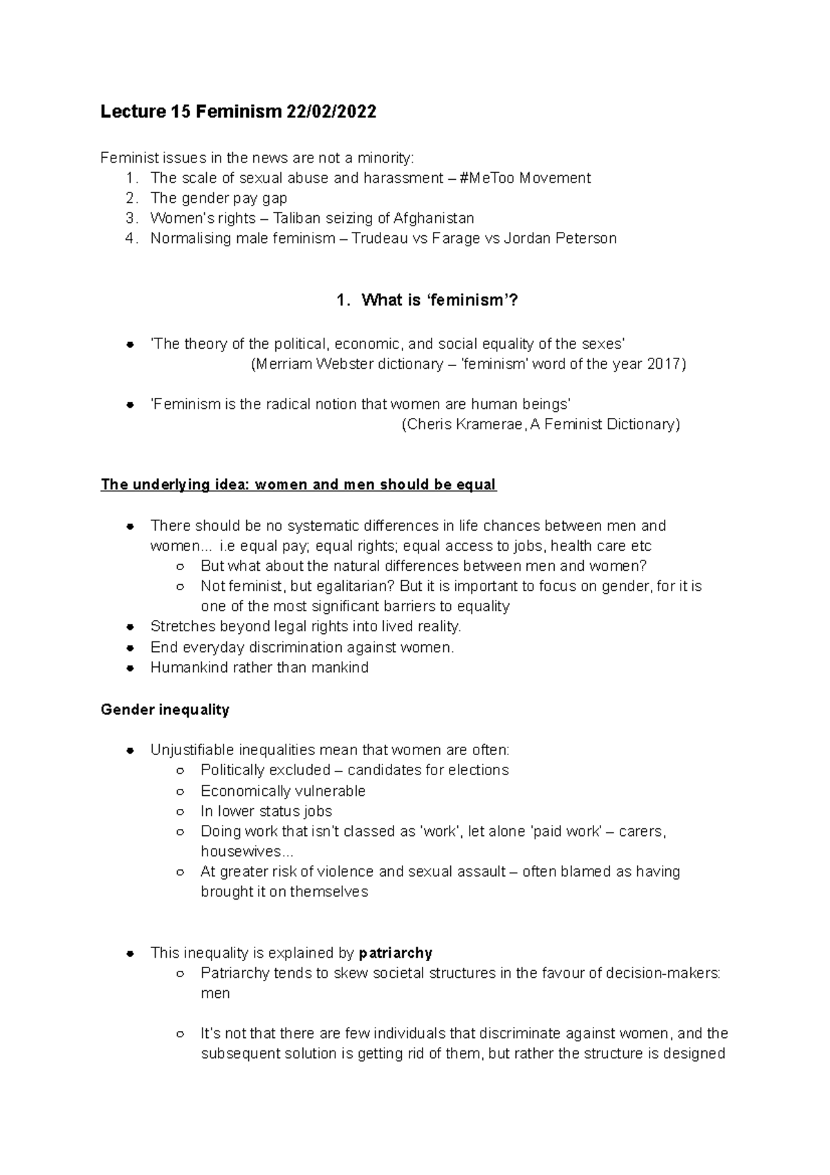 Lecture 15 Feminism 22 02 2022 - Lecture 15 Feminism 22/02/ Feminist ...