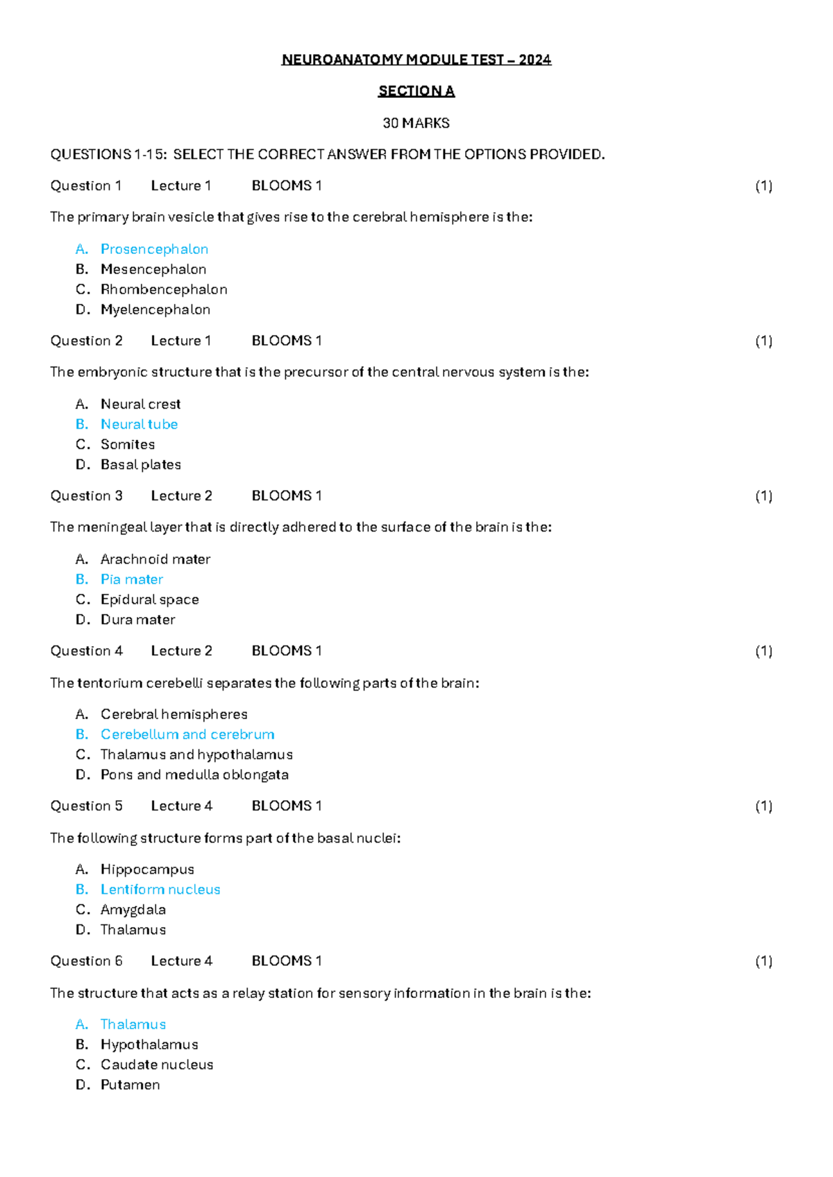 Neuroanatomy Module Test 2024 - Section A & B Questions - Studocu
