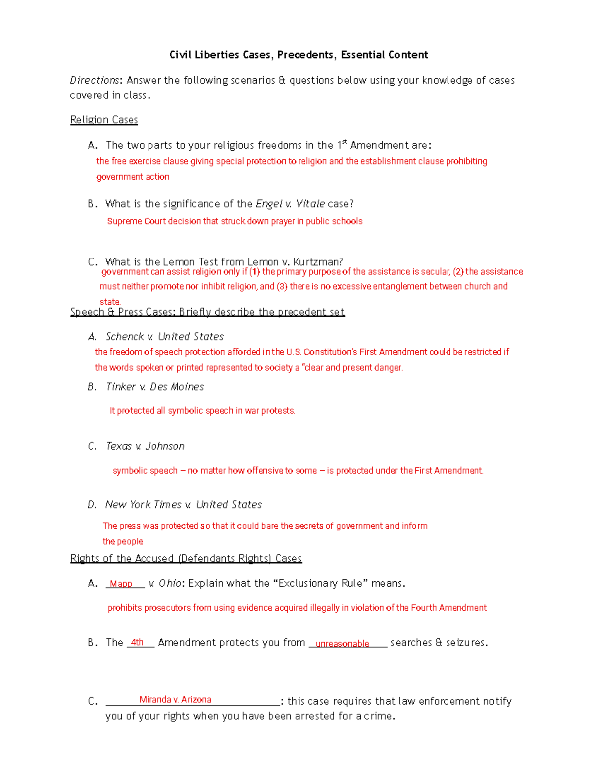 Civil Liberties Cases & Precedents in US Gov 2022 Final Exam - Studocu