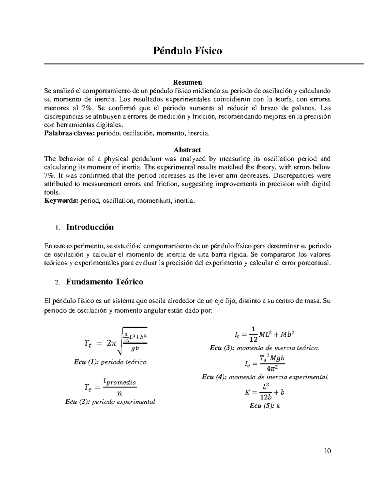 Informe sobre el Péndulo Físico: Periodo y Momento de Inercia - Studocu