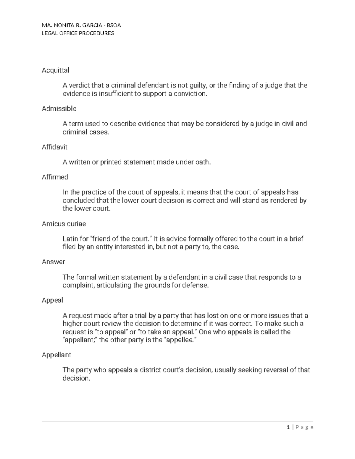 Legal Terminologies in Legal Office Procedures: Key Definitions - Studocu