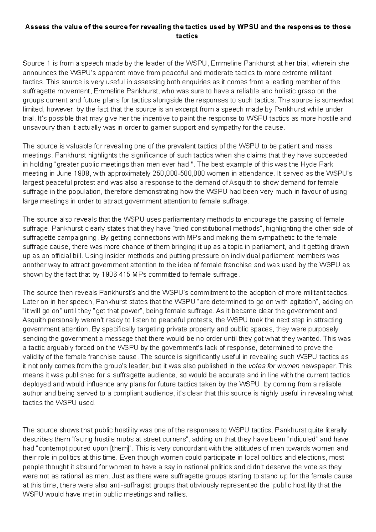 Assessing WSPU Tactics & Responses: Value of Pankhurst's Speech Essay ...