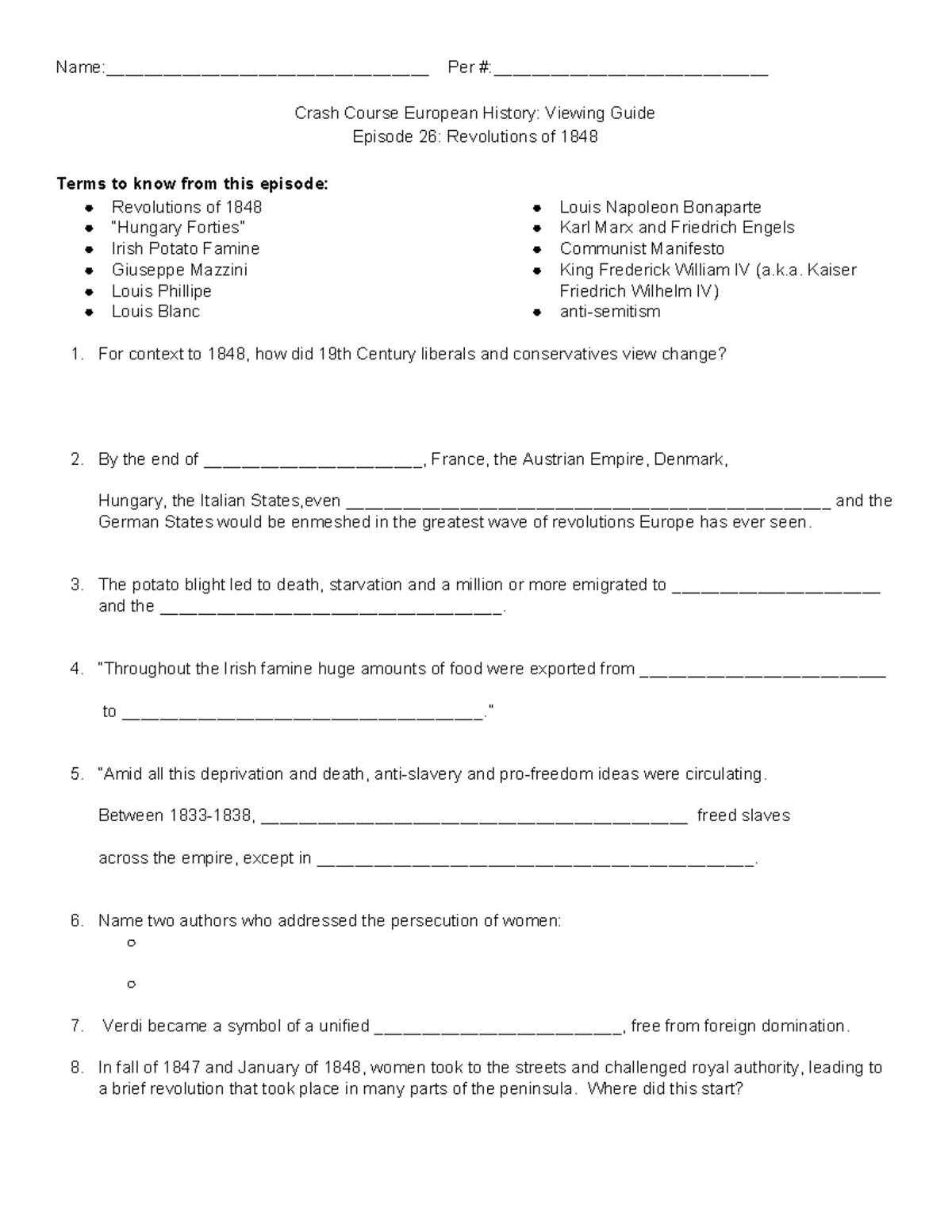 CC Euro #26 Revolutions of 1848: Viewing Guide & Notes - Studocu