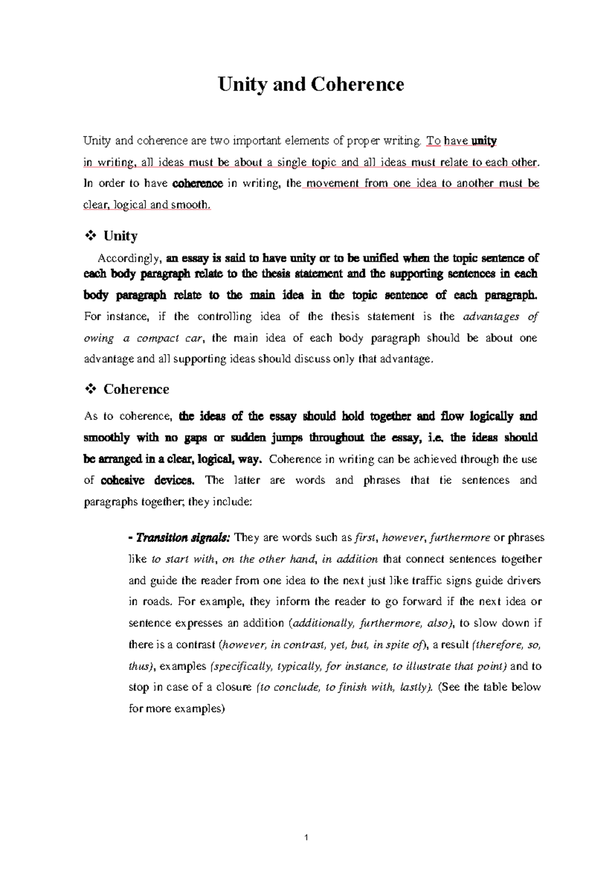 Unity and Coherence in Writing: Key Elements for Essays - Studocu