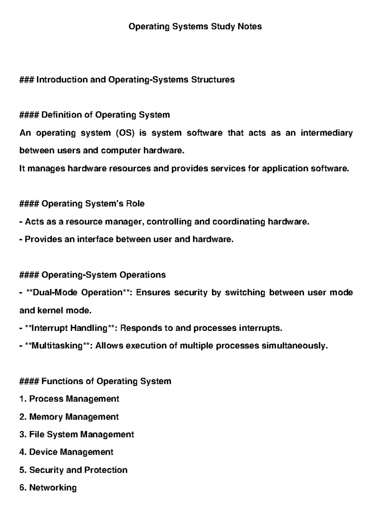 Operating Systems (OS) Study Notes: Key Concepts and Structures - Studocu