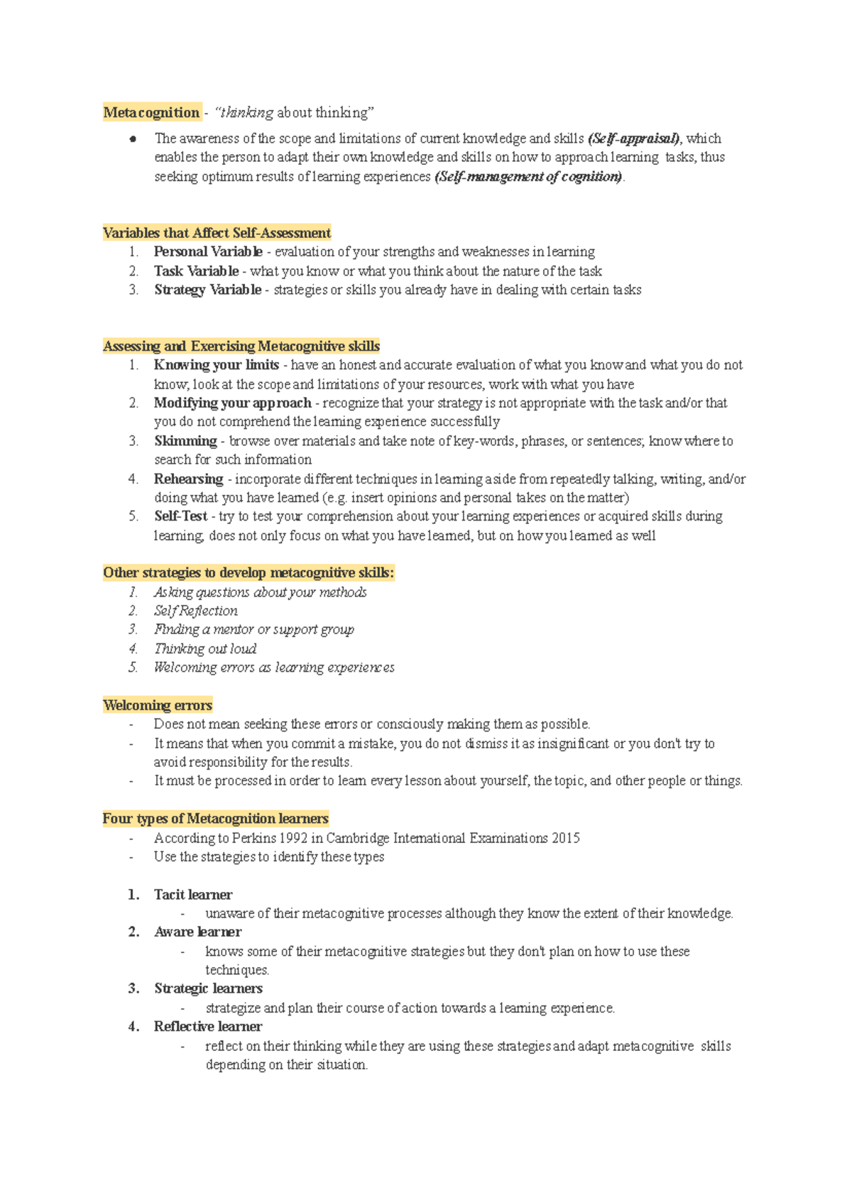 UTS Lesson 1 finals - Reviewer - Metacognition - “thinking about ...