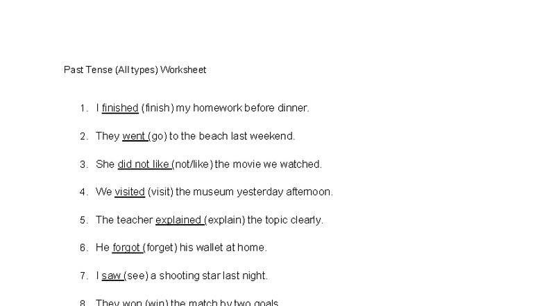 Past Tense Worksheet 1 - Homework Exercises - Studocu