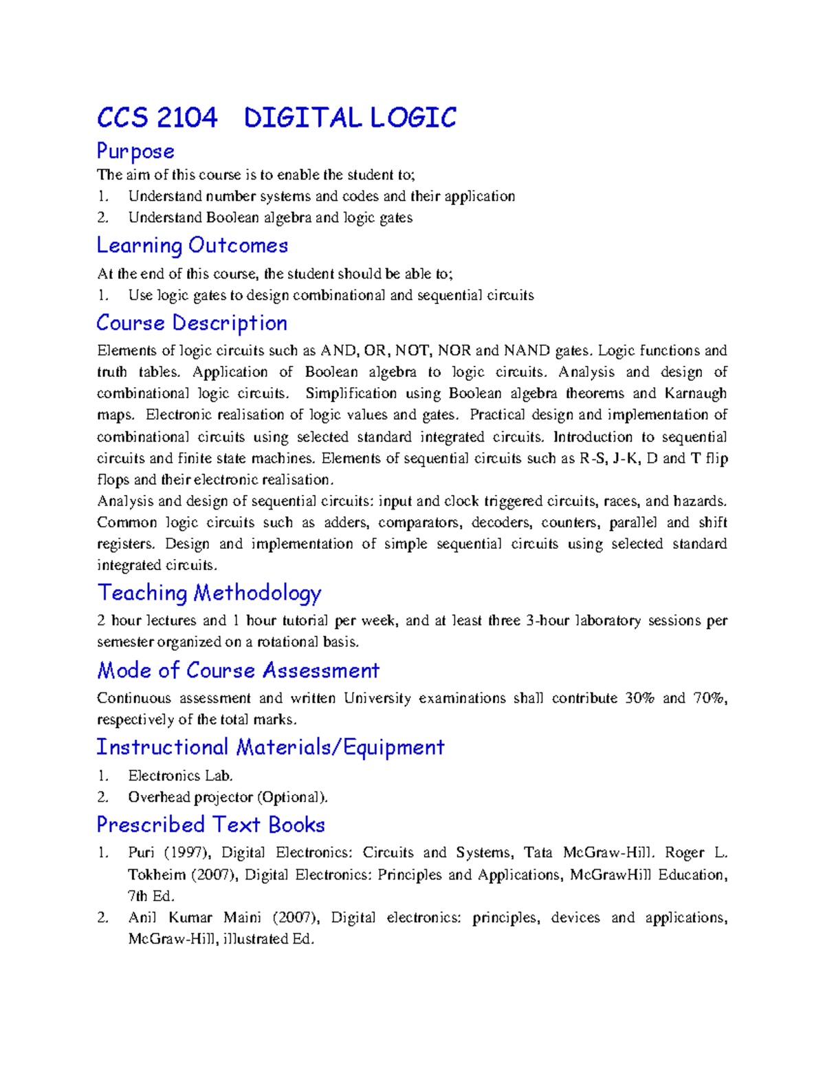 CCS 2104 Digital Logic Course Outline and Learning Outcomes - Studocu