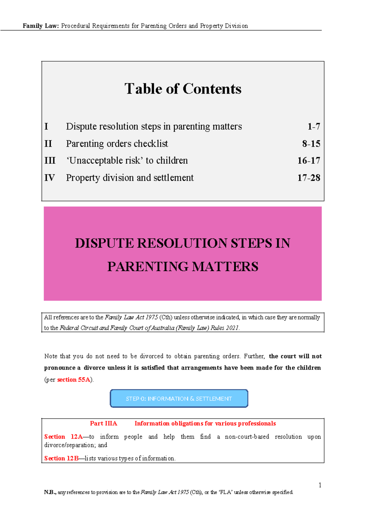 Family Law (FLA): Parenting Orders & Property Division Checklists - Studocu