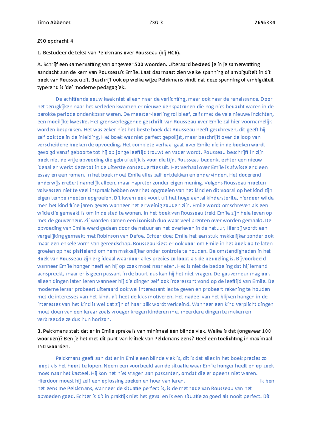 ZSO Opdracht 4: Analyse van Rousseau's Emile en Pedagogische Inzichten ...