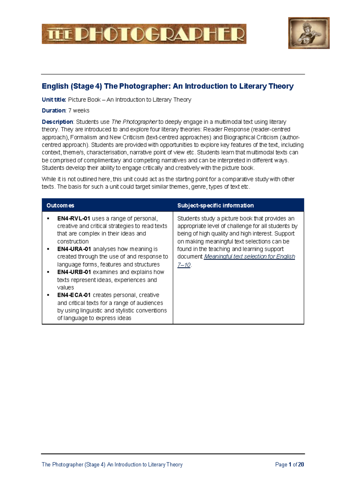 English (Stage 4) The Photographer: Exploring Literary Theories and ...