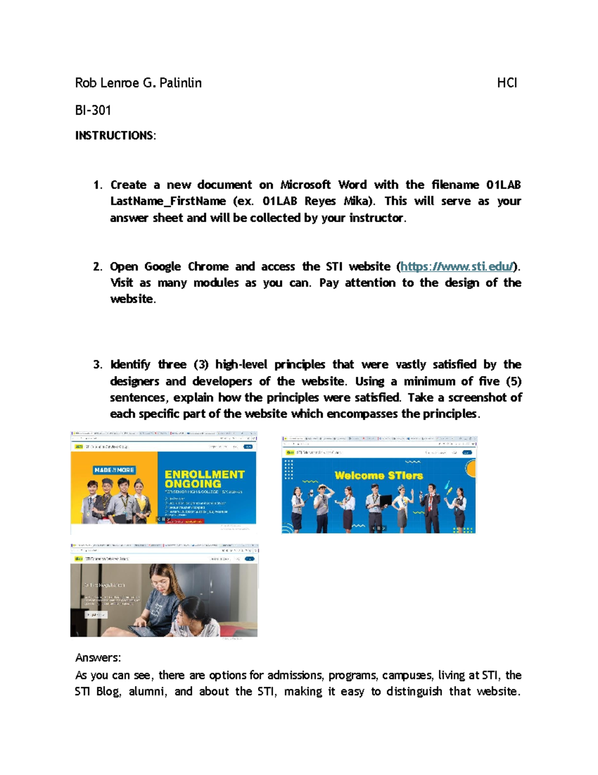 LAB 1 HCI - LAB 1 HCI ACT - Rob Lenroe G. Palinlin HCI BI- 301 INSTRUCTIONS: Create a new ...