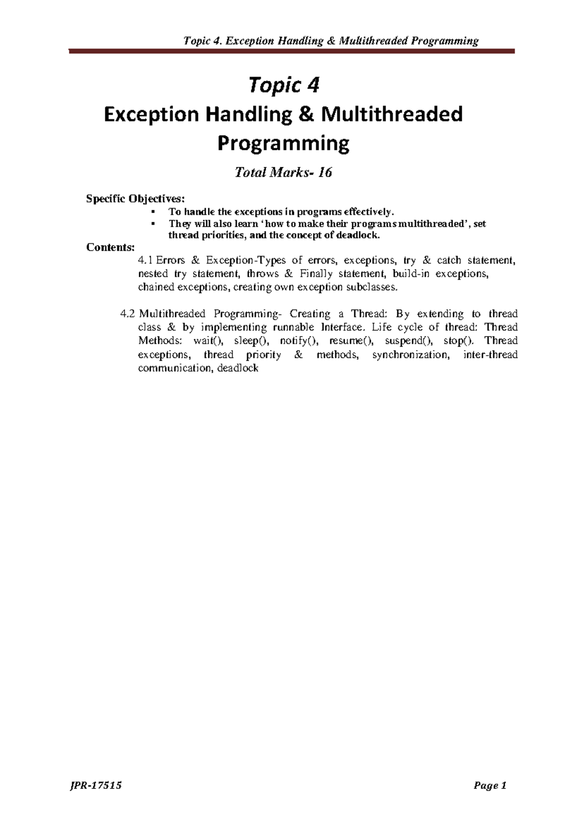 Java programming chapter 4 notes - Topic 4 Exception Handling ...