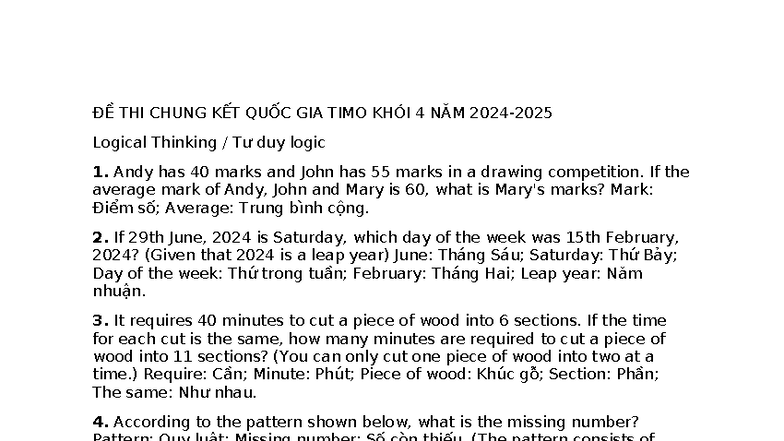 ĐỀ THI CHUNG KẾT TIMO KHÓI 4 NĂM 2024-2025 - Studocu
