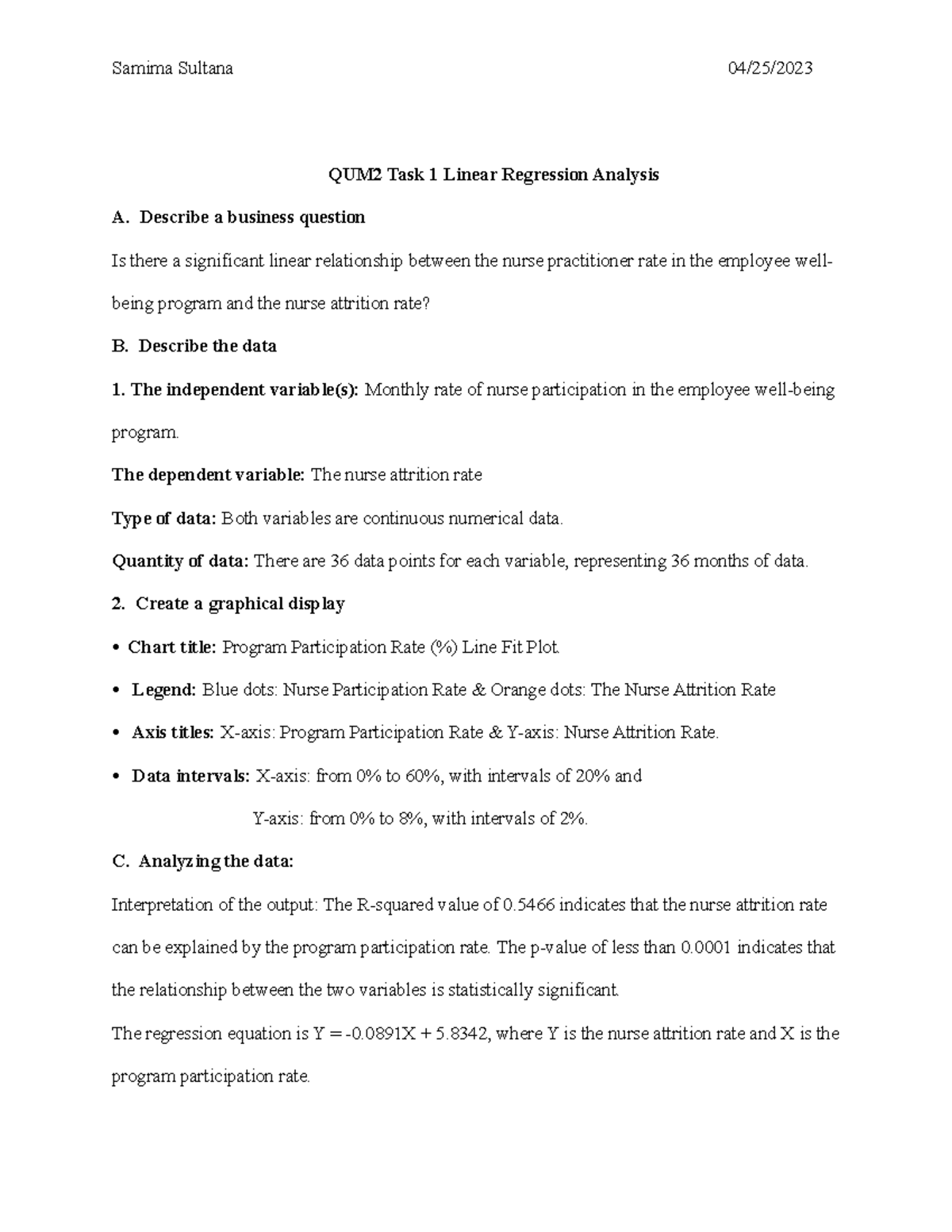QUM2 Task 1 Linear Regression Analysis - Describe a business question Is there a significant ...