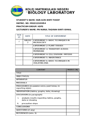 LAB Report EXP 1 (SEM 1) ( Marked) - TITLE Experiment 1: Basic Techniques in Microscopy ...