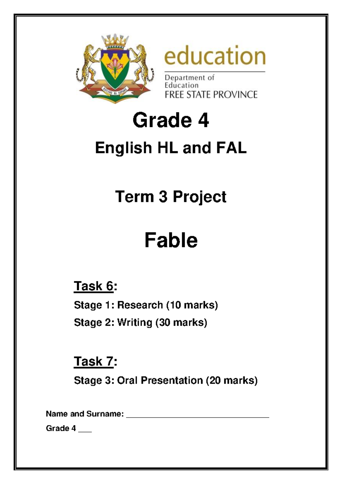 Grade 4 EHL & EFAL Term 3 Fable Project Learners' Document 2023 - Studocu