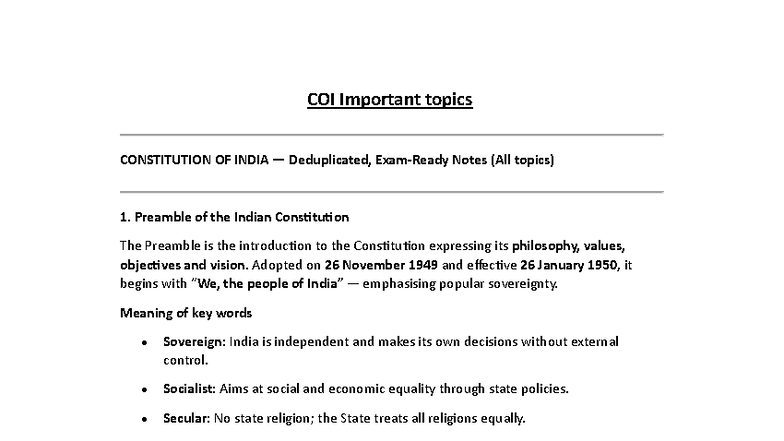 COI Important Topics: Constitution of India - Comprehensive Notes - Studocu