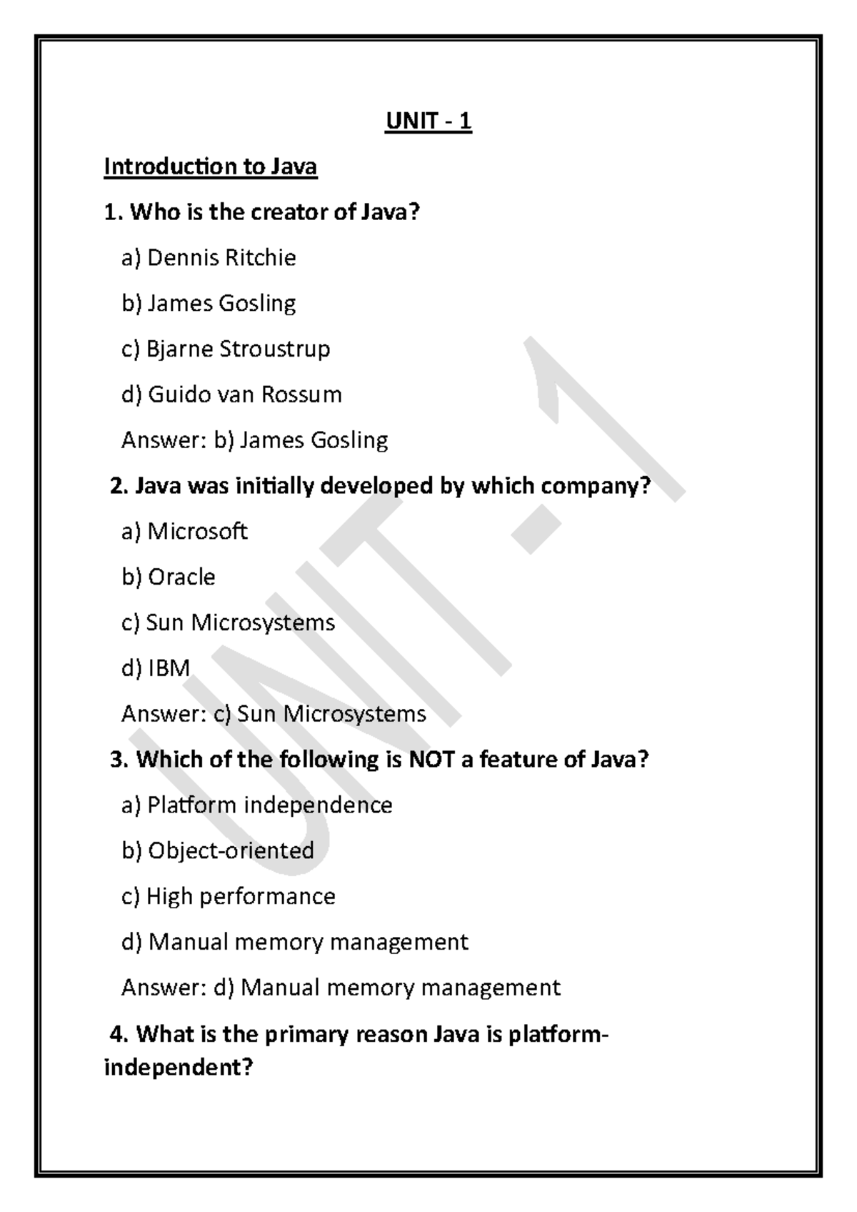 JAVA MCQ UNIT1 - NAAAAAAAAAAAAAAA - UNIT - 1 Introduction to Java Who is the creator of Java? a ...