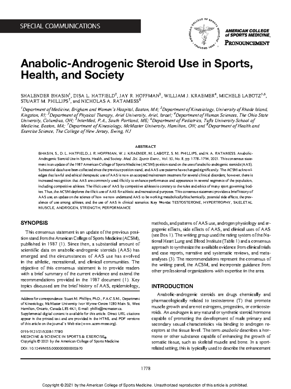 Anabolic Steroid Use in Sports, Health, and Society: A Consensus Update ...